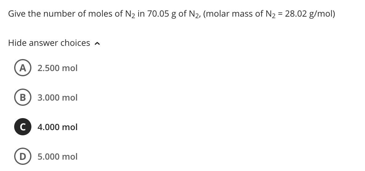 Solved Give the number of moles of N2 in 70.05 g of N2, | Chegg.com