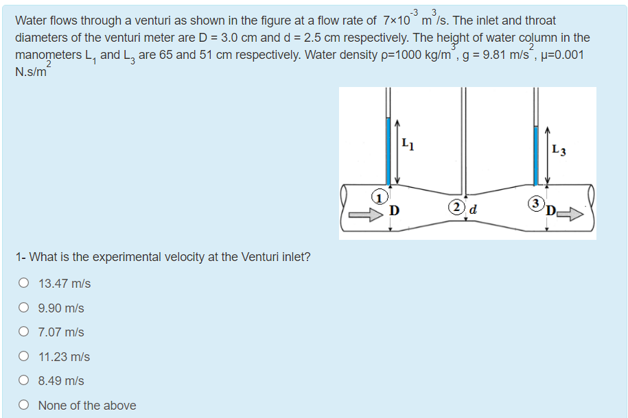 Solved -3 3 Water flows through a venturi as shown in the | Chegg.com