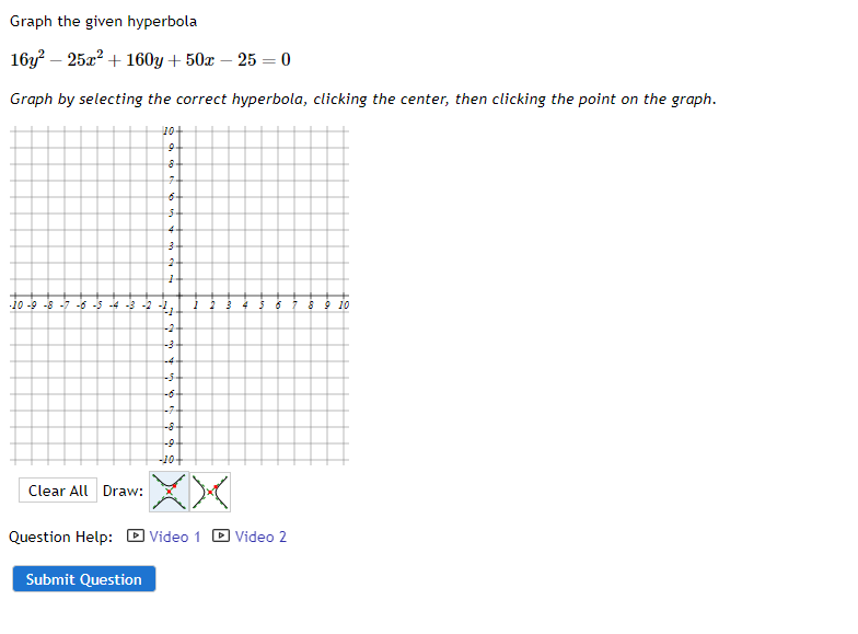 Solved Graph the given hyperbola 16y2−25x2+160y+50x−25=0 | Chegg.com