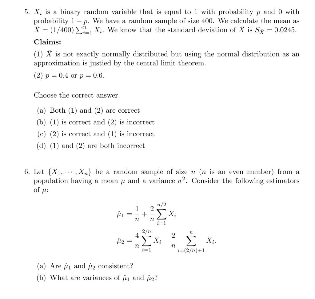 Solved 5 Xi Is A Binary Random Variable That Is Equal To 1 3269