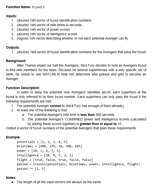 Solved Function Name Tryouts Inputs 1 Double 1xn Vector 