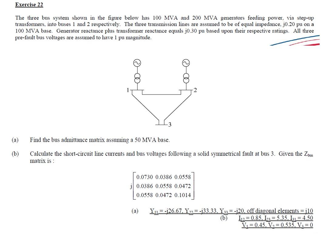 Solved Exercise 22 The three bus system shown in the figure | Chegg.com