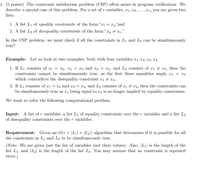 1. (5 points) The constraint satisfaction problem | Chegg.com