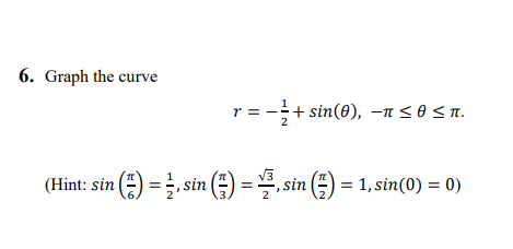 Solved 6. Graph the curve r=−21+sin(θ),−π≤θ≤π (Hint: | Chegg.com