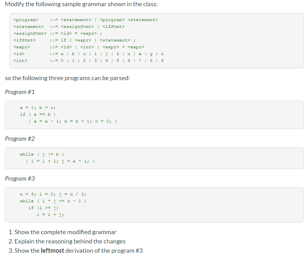 Solved Modify the following sample grammar shown in the | Chegg.com