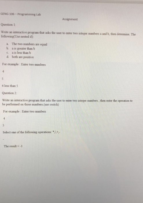 Solved GENG 106-Programming Lab Question 1: Write an | Chegg.com