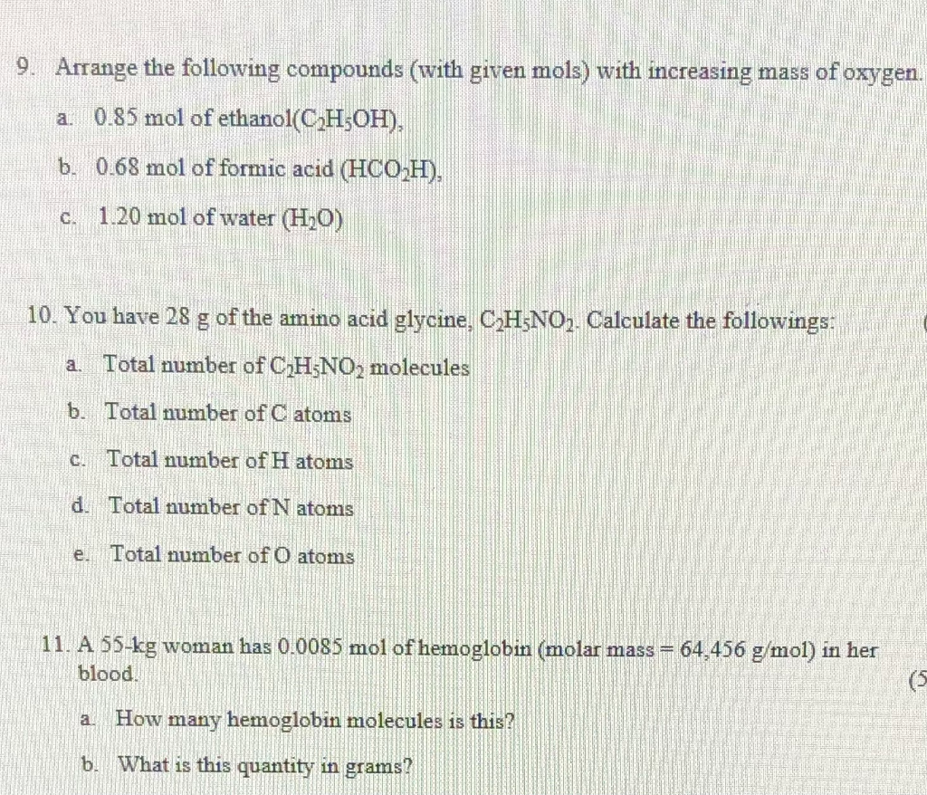 Solved 9. Arrange the following compounds (with given mols) | Chegg.com