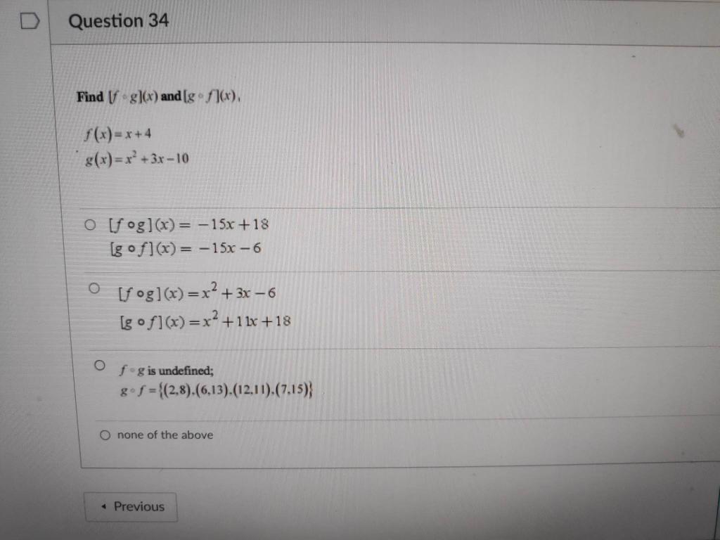 Solved f(x)=3x+10g(x)=1/3x−3 Find g(f(x)) None of these. | Chegg.com