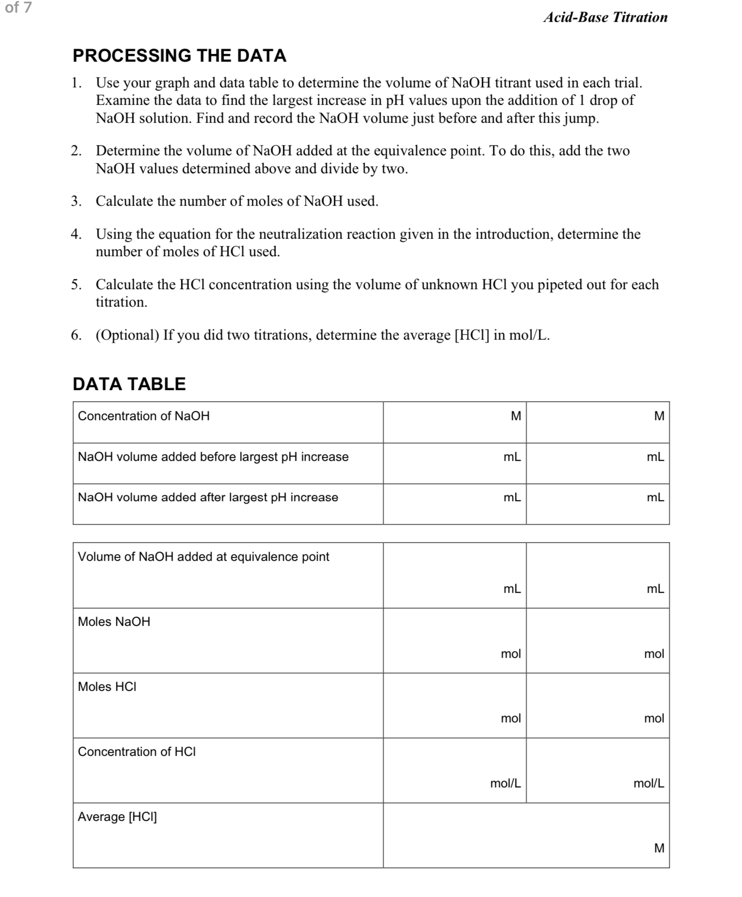Solved Acid-Base Titration PROCESSING THE DATA 1. Use your | Chegg.com