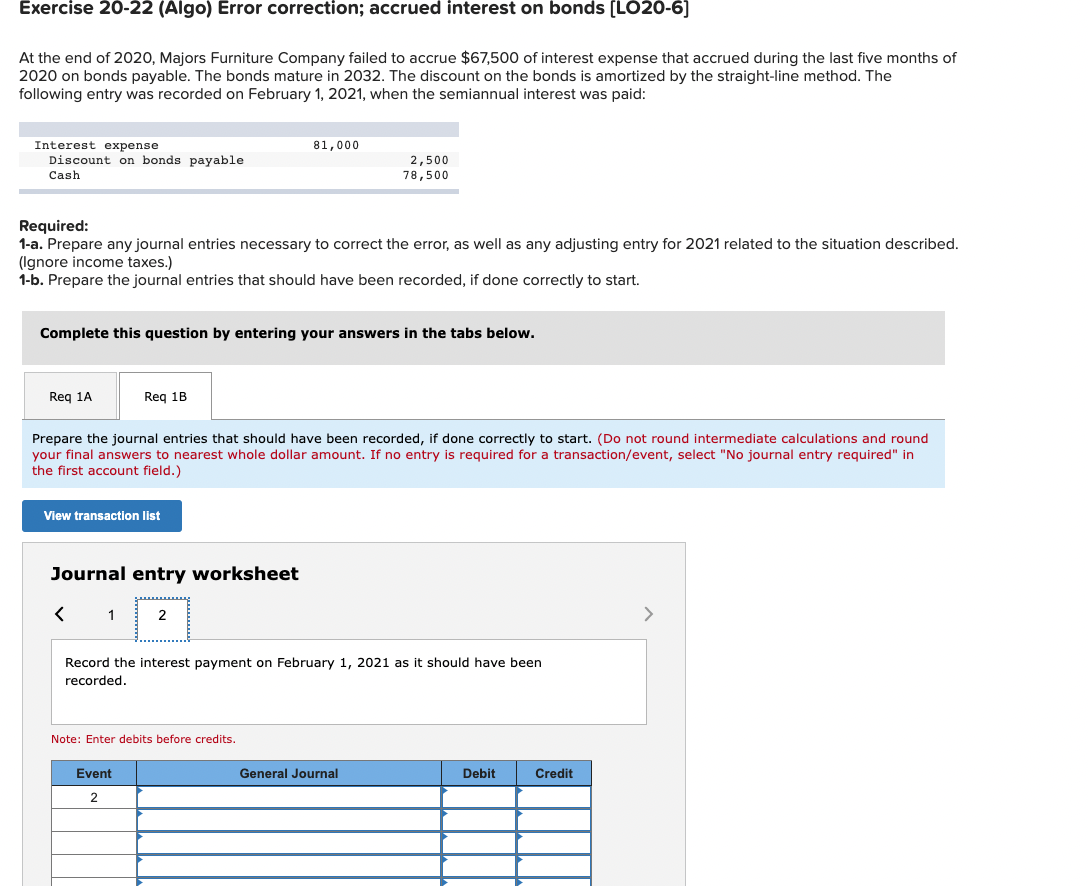Solved Exercise 20-22 (Algo) Error correction; accrued | Chegg.com