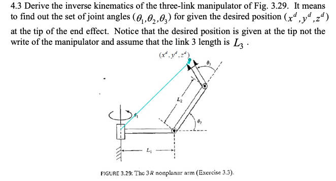Solved 4.3 Derive the inverse kinematics of the three-link | Chegg.com