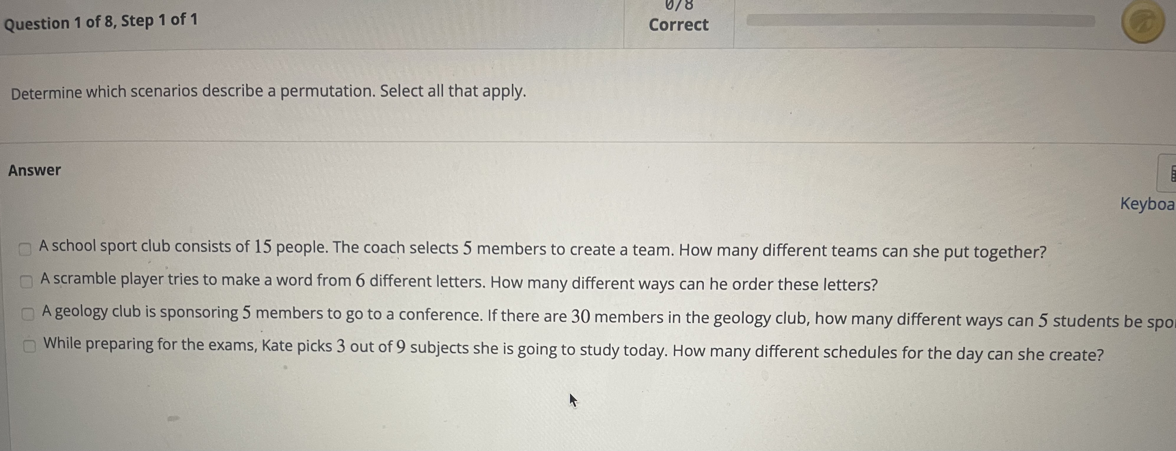 Solved Determine which scenarios describe a permutation. | Chegg.com