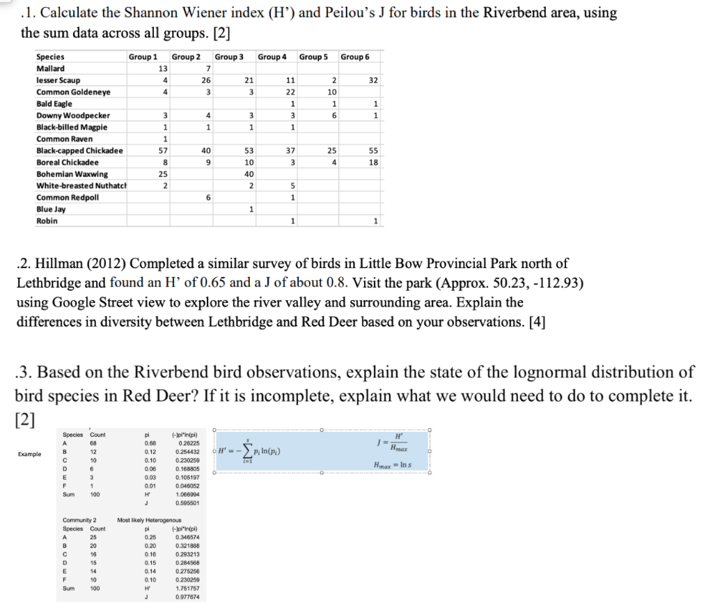.1. Calculate the Shannon Wiener index (H') and | Chegg.com