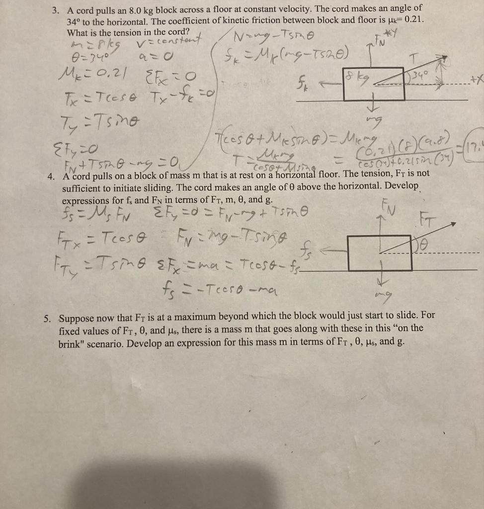 Solved 3. A cord pulls an 8.0 kg block across a floor at | Chegg.com