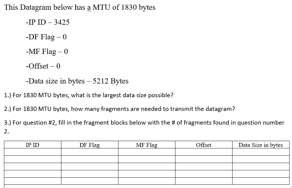 Solved This Datagram below has a MTU of 1830 bytes -IP ID - | Chegg.com