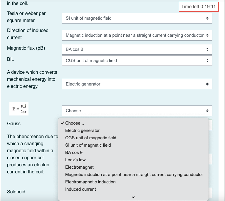 Solved Time left 0:19:11 in the coil. Tesla or weber per | Chegg.com