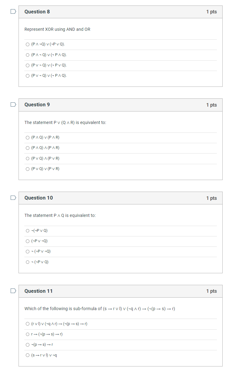Solved Question 8 1 pts Represent XOR using AND and OR | Chegg.com