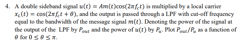 Solved A double sideband signal u(t)=Am(t)cos(2πfct) is | Chegg.com