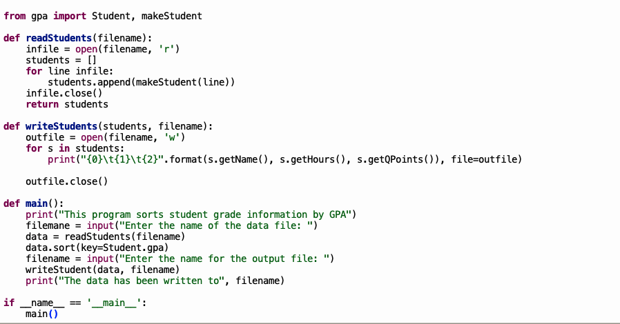 Solved from gpa import Student, makeStudent def readStudents | Chegg.com