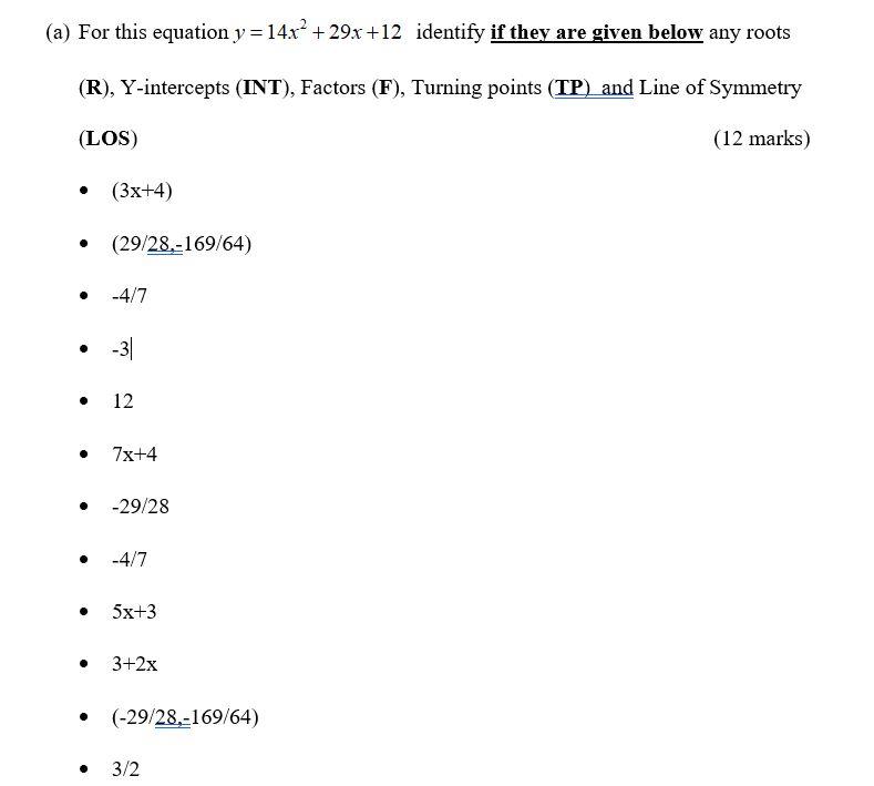 Solved (a) For this equation y=14x² +29x +12 identify if | Chegg.com