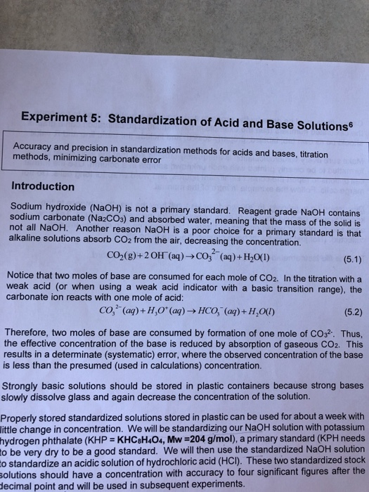 Experiment 5: Standardization of Acid and Base | Chegg.com