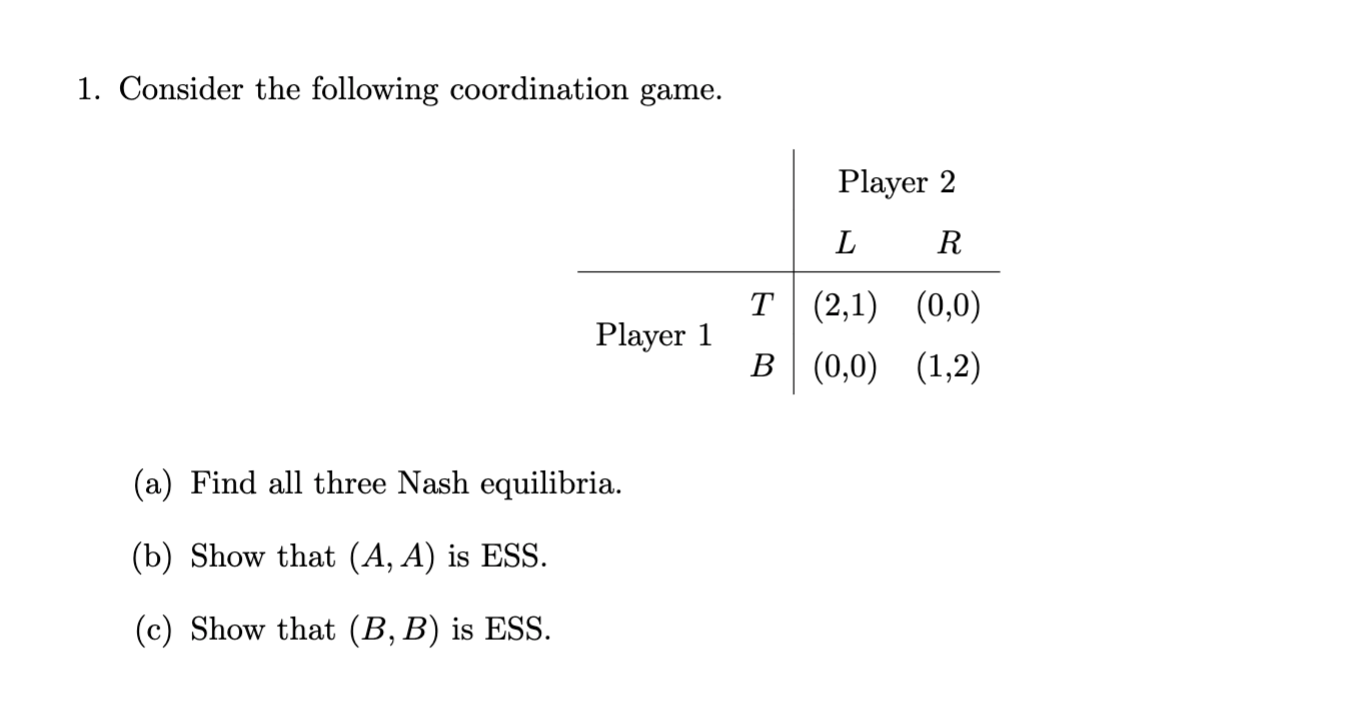 Solved 1. Consider the following coordination game. Player 2 | Chegg.com