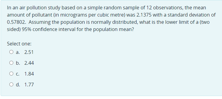 Solved In an air pollution study based on a simple random | Chegg.com