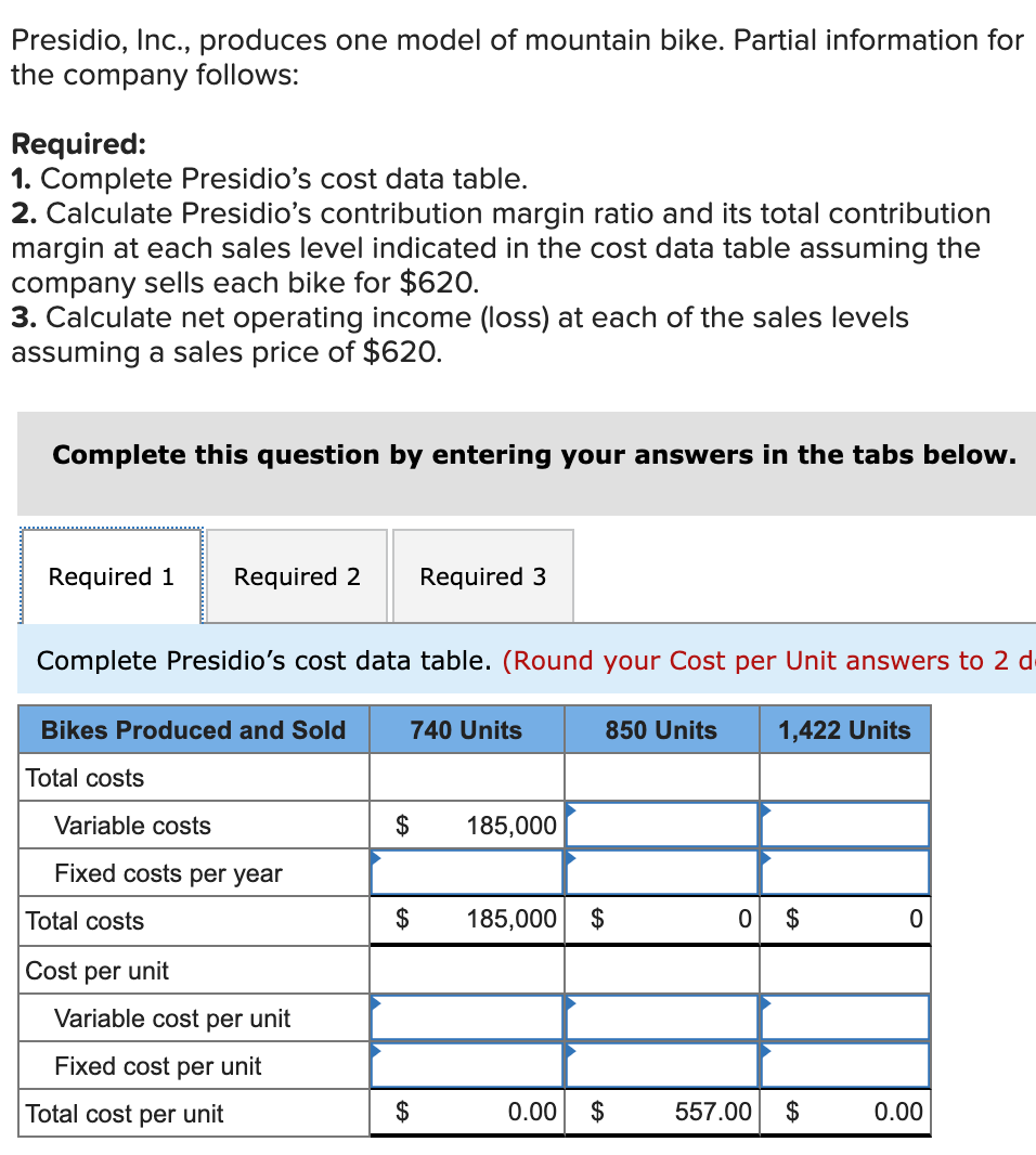 Solved Presidio, Inc., produces one model of mountain bike. | Chegg.com