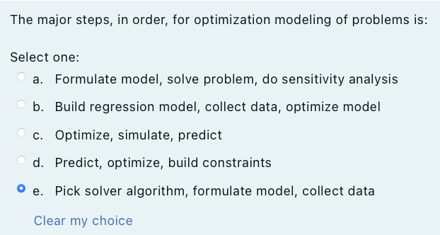 Solved The major steps, in order, for optimization modeling | Chegg.com