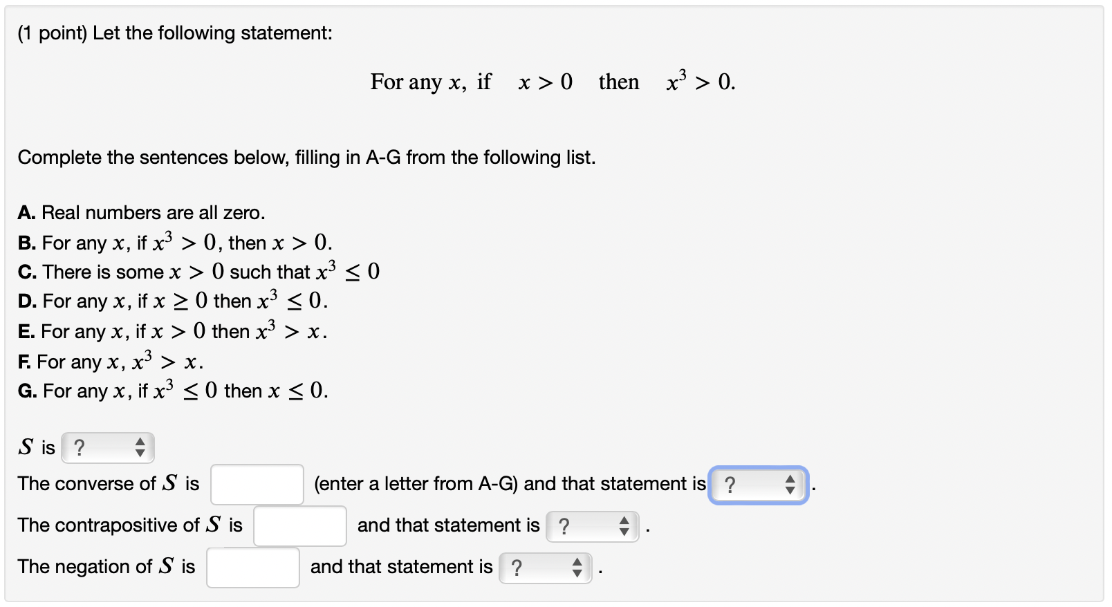 Solved (1 point) Let the following statement: For any x, if | Chegg.com