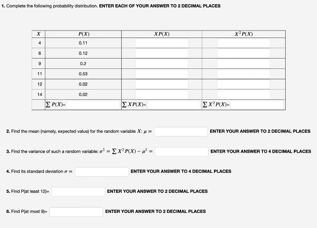 Solved 1. Complete the following probability distribution. | Chegg.com