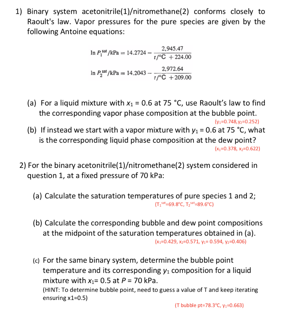 Solved 1) Binary system acetonitrile(1)/nitromethane(2) | Chegg.com