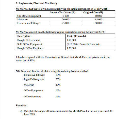 Solved 2. Implements, Plant and Machinery Ms McPhee had the | Chegg.com