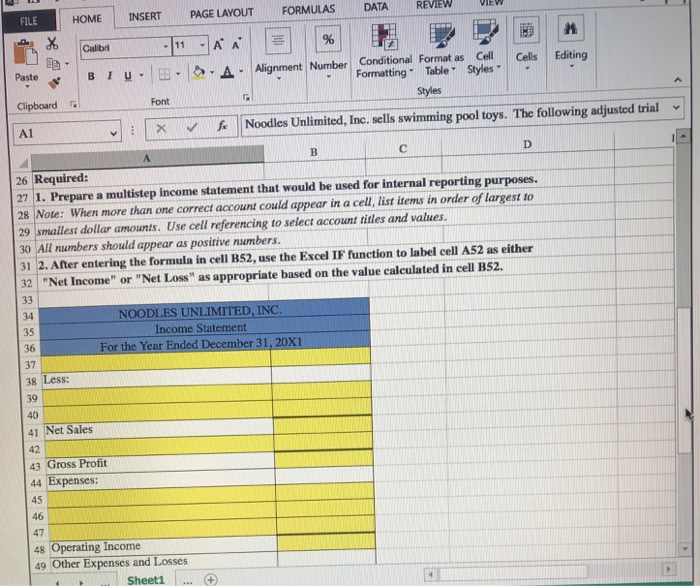 Solved Preparing a Multi-Step Income Statement using Excel's | Chegg.com