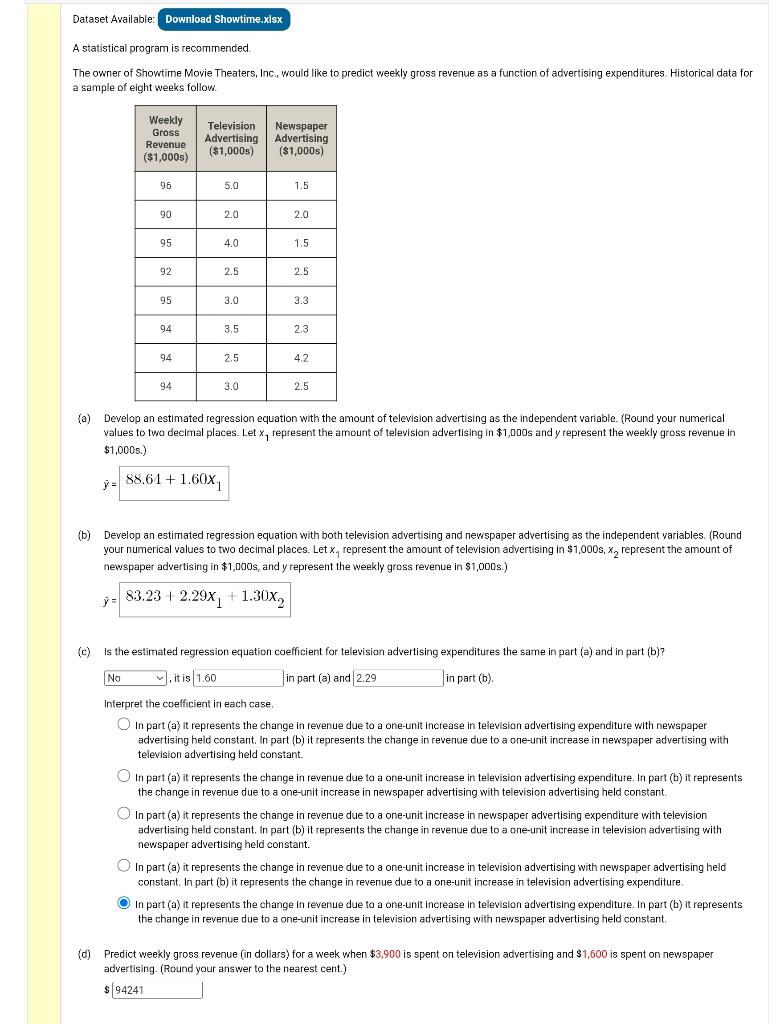 Solved Dataset Available: A statistical program is | Chegg.com