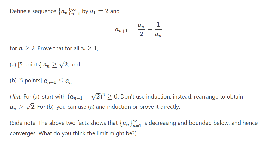 Solved Define a sequence {an}=1 by aj = 2 and an 1 an+1 2 | Chegg.com
