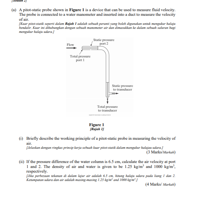 Solved (a) A pitot-static probe shown in Figure 1 is a | Chegg.com