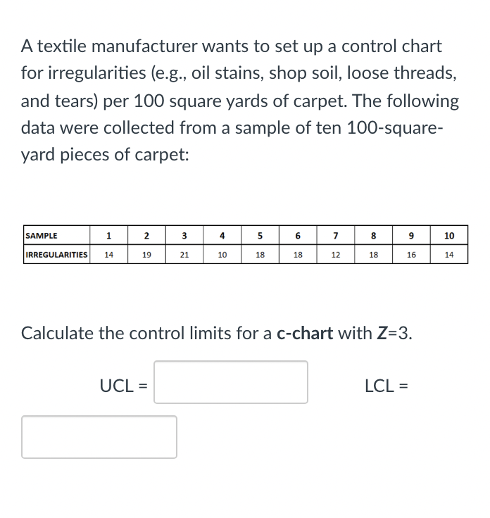 Solved A textile manufacturer wants to set up a control | Chegg.com
