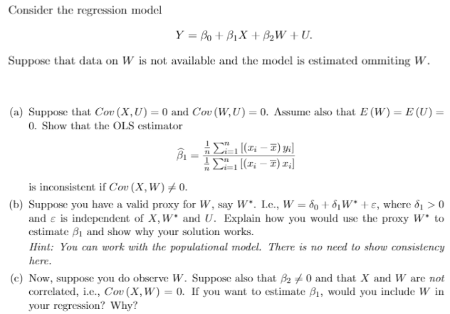Consider the regression model Y = Bo + B1X + B2W +U. | Chegg.com