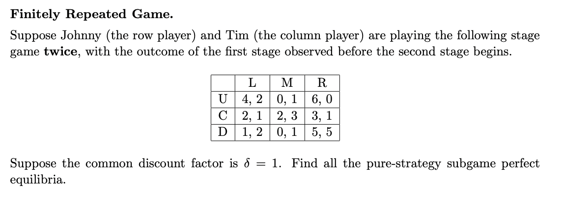 Solved Finitely Repeated Game. Suppose Johnny (the row | Chegg.com