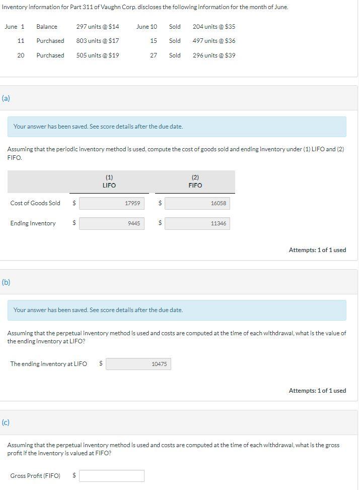 Solved Inventory information for Part 311 of Vaughn Corp. | Chegg.com