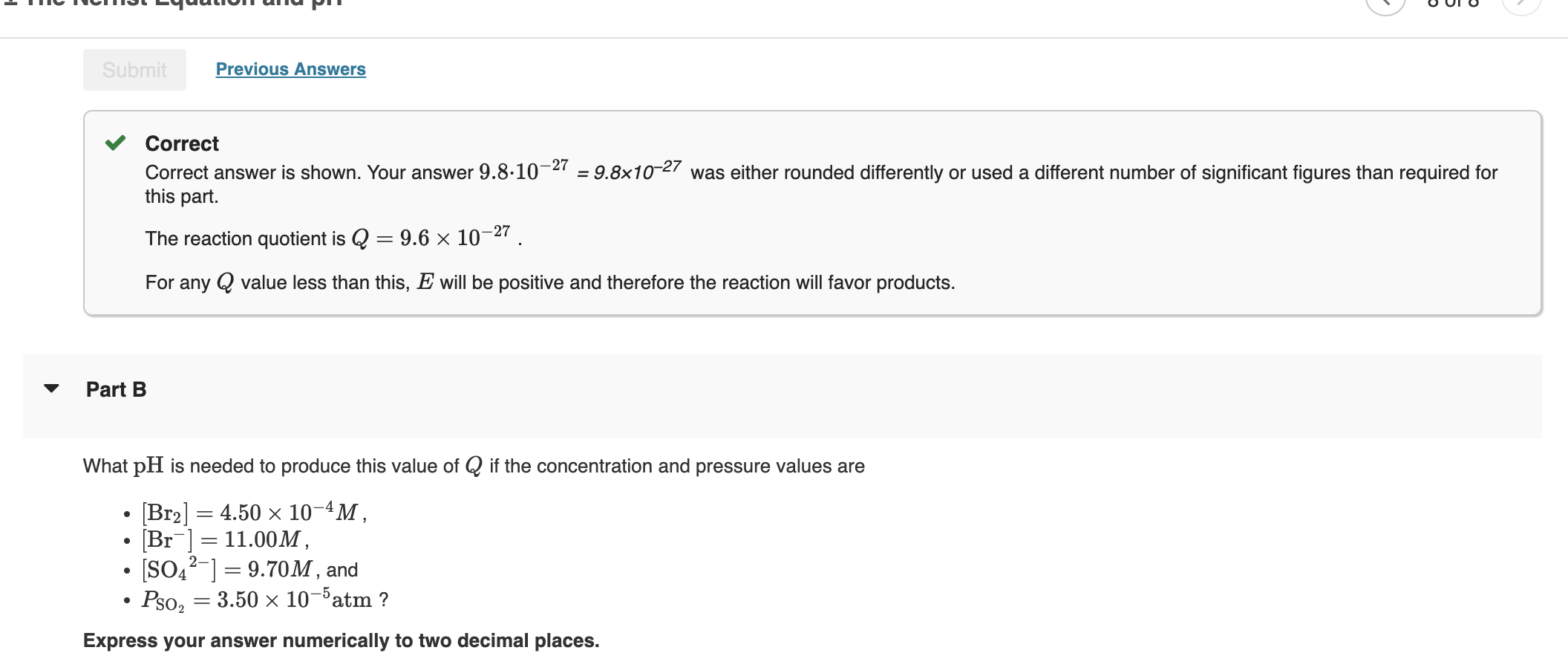 Solved The reaction quotient is Q=9.6×10-27.For any Q ﻿value | Chegg.com
