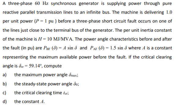 Solved A three-phase 60 Hz synchronous generator is | Chegg.com