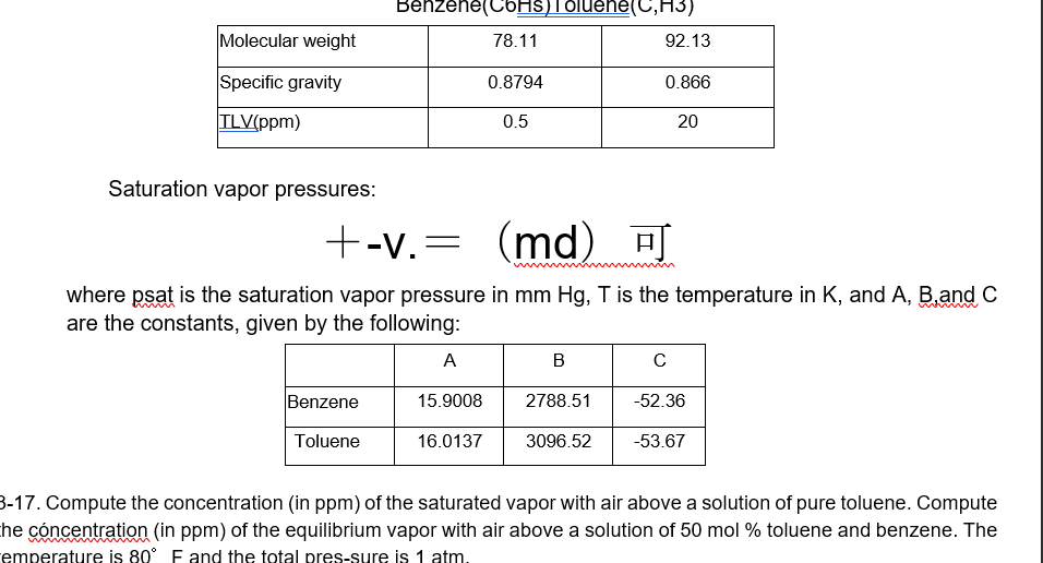 Saturation vapor pressures: +−V.=(md) 可 where psat | Chegg.com