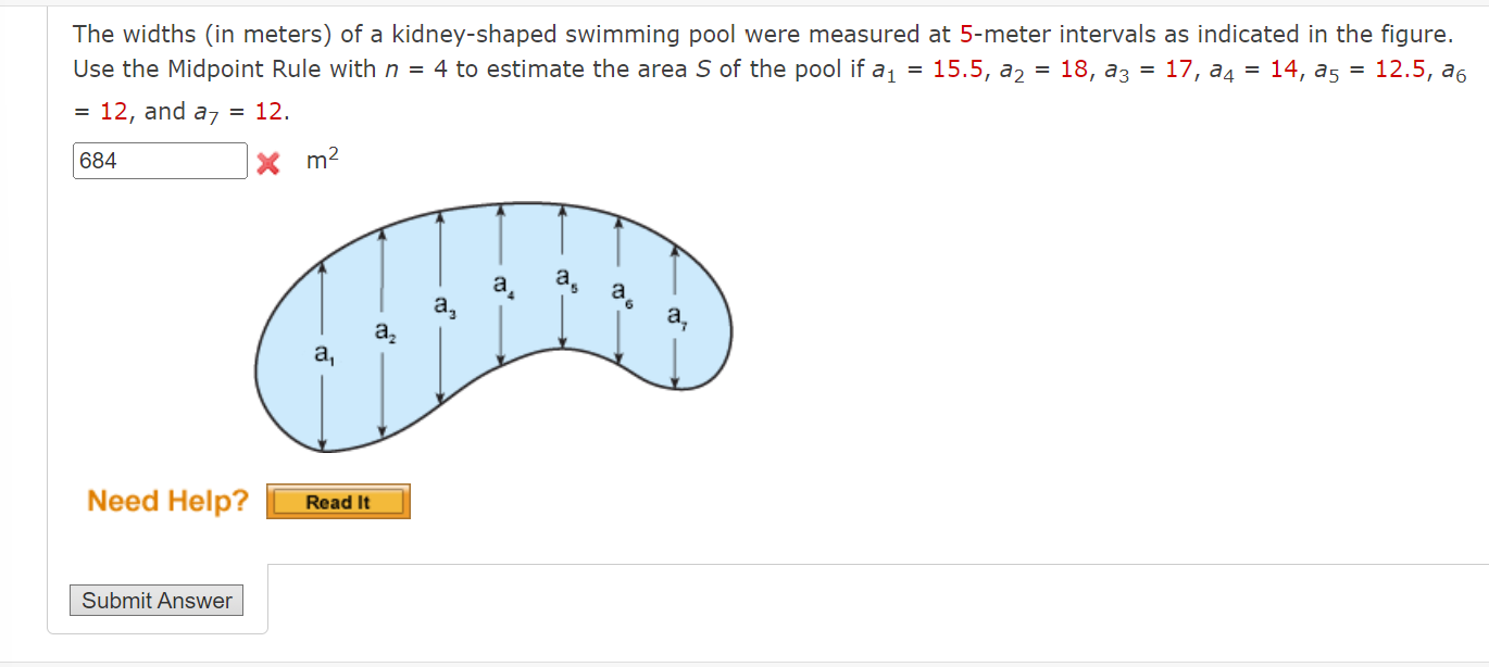 Solved The widths (in meters) of a kidney-shaped swimming | Chegg.com