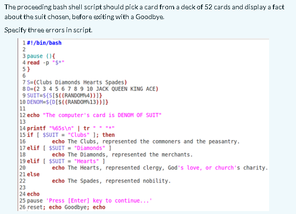 Solved The proceeding bash shell script should pick a card | Chegg.com Solved The proceeding bash shell script should pick a card | Chegg.com