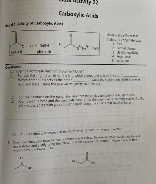 Solved ity 22 Carboxylic Acids Model 1: Acidity of | Chegg.com