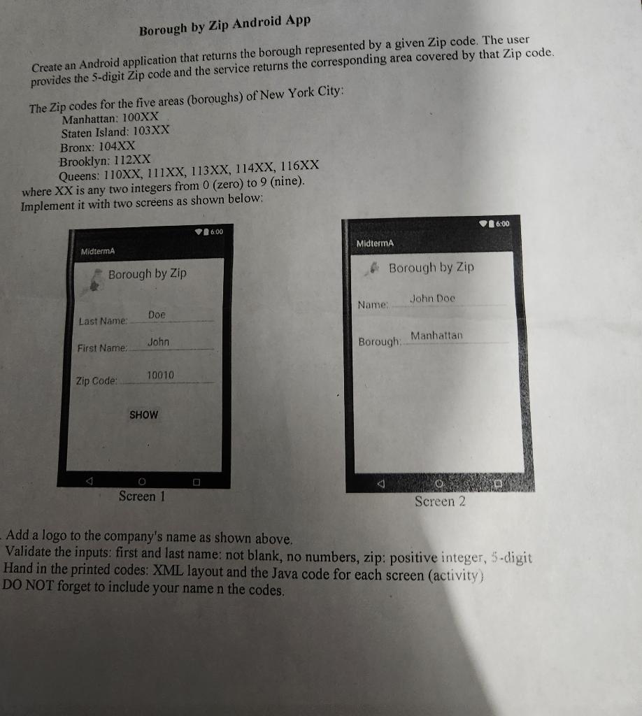 Solved Borough by Zip Android App Create an Android | Chegg.com