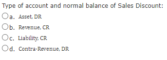 Solved Type of account and normal balance of Sales Discount: | Chegg.com
