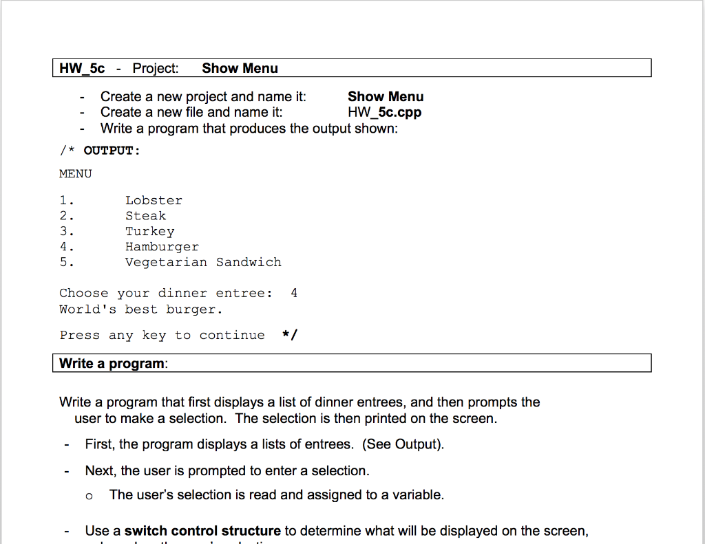 Solved HW_5c - Project: Show Menu Create a new project and | Chegg.com